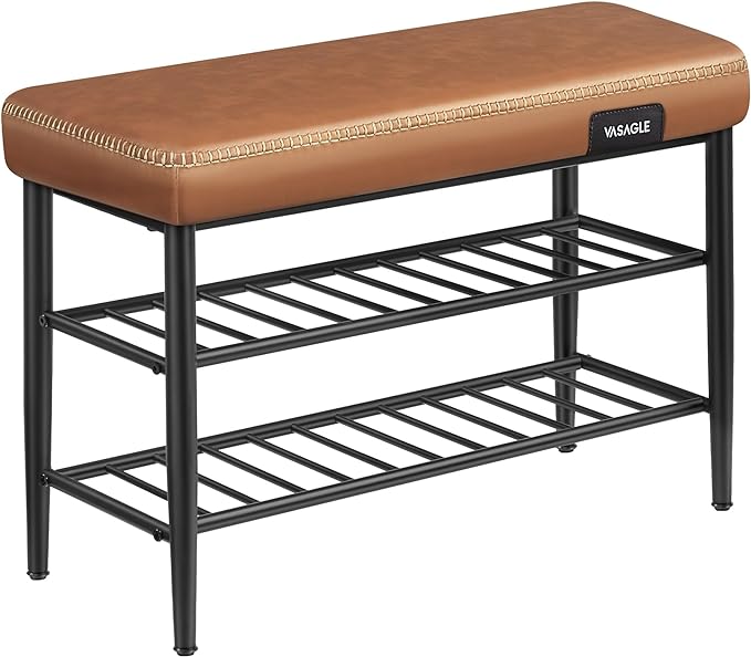 Benk med 2 skohyller Vintage Skinn Metall Brun "EKHO" 80 x 30 x 50 cm ...